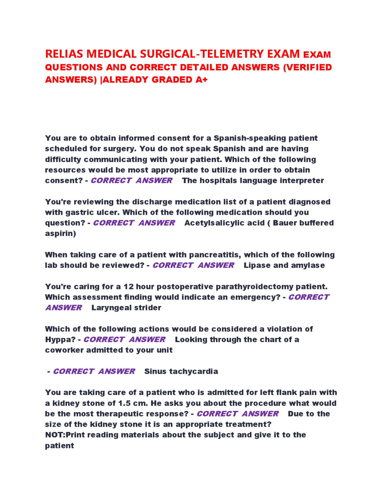 RELIAS MEDICAL SURGICAL-TELEMETRY EXAM EXAM QUESTIONS AND CORRECT ...