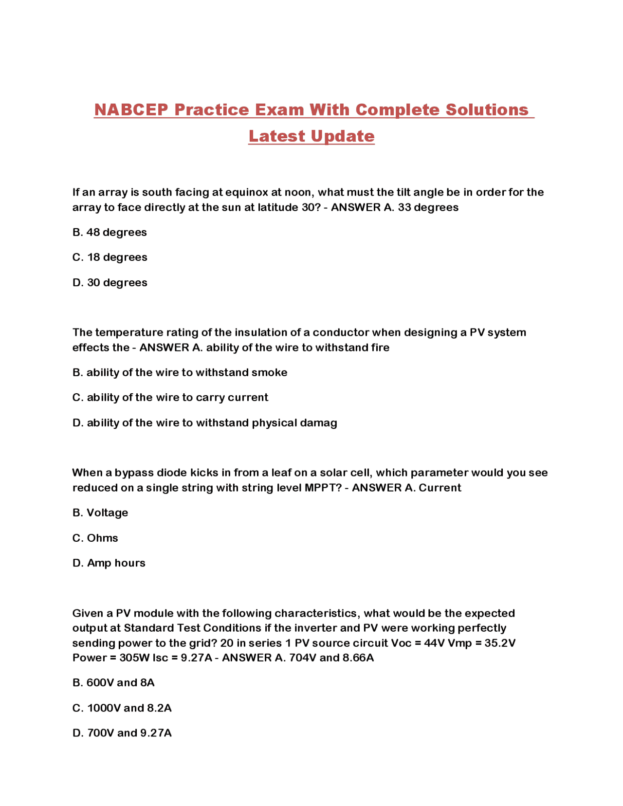 NABCEP Practice Exam With Complete Solutions: A Comprehensive Guide to ...