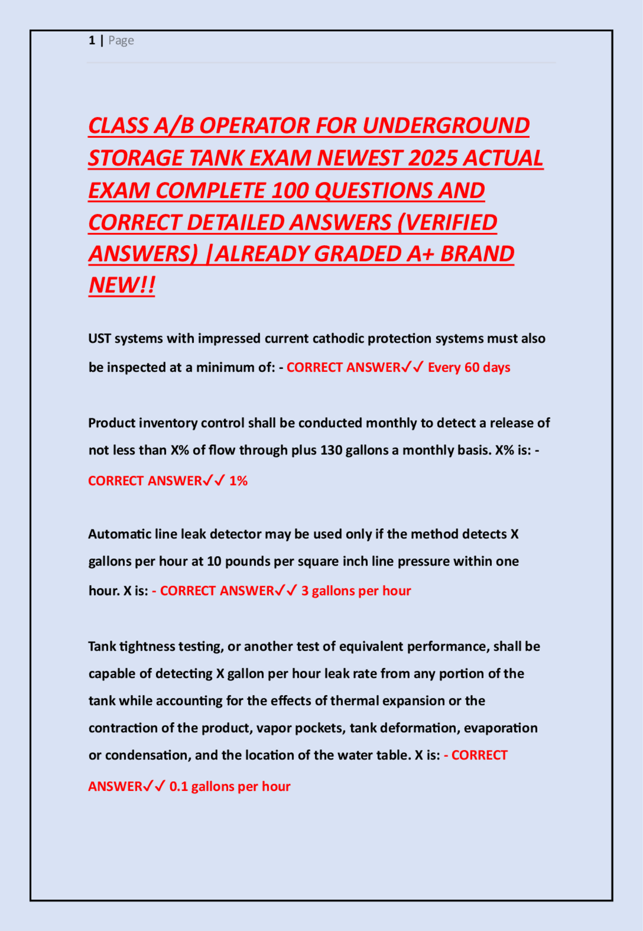 CLASS A/B OPERATOR FOR UNDERGROUND STORAGE TANK EXAM NEWEST 2025 ACTUAL ...
