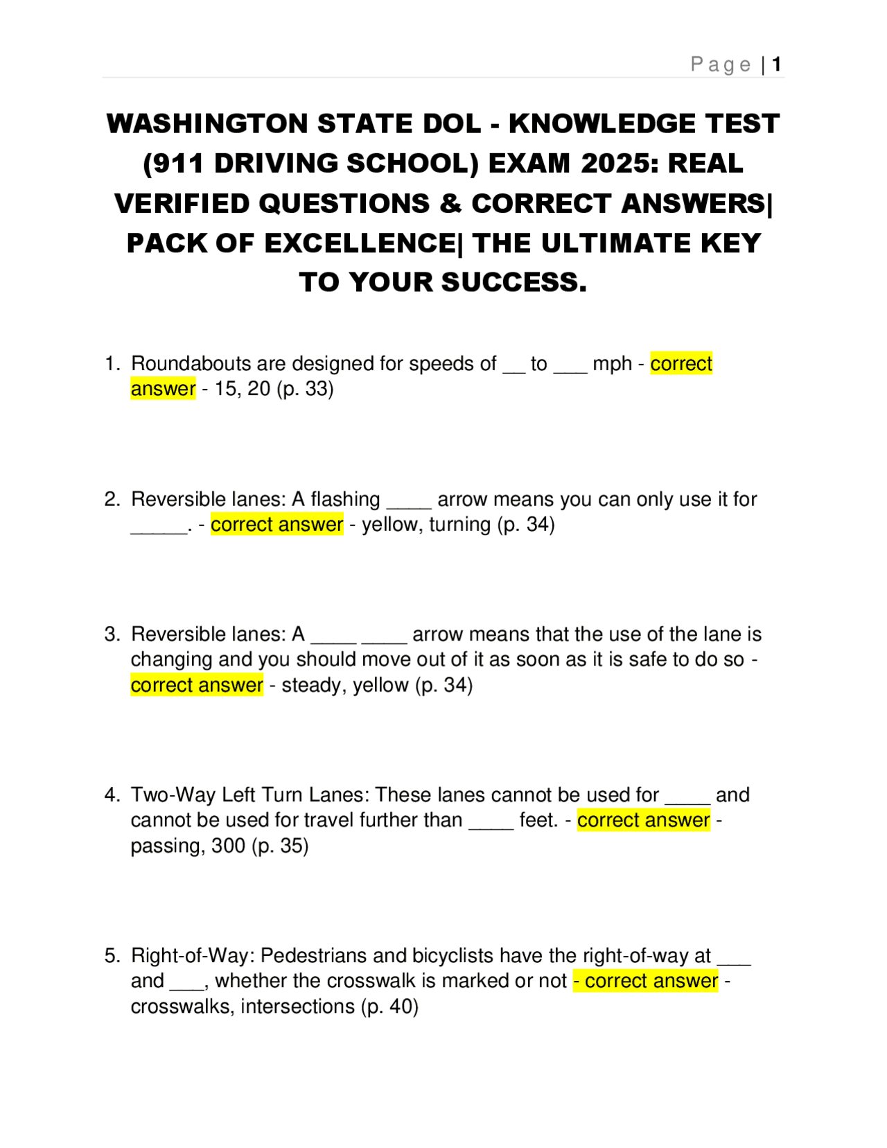 WASHINGTON STATE DOL - KNOWLEDGE TEST (911 DRIVING SCHOOL) EXAM 2025 ...