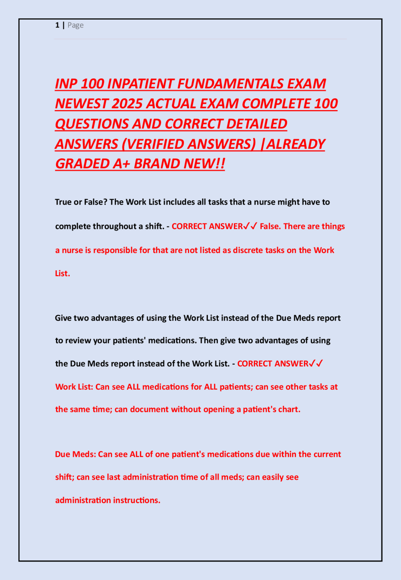 INP 100 INPATIENT FUNDAMENTALS EXAM NEWEST 2025 ACTUAL EXAM COMPLETE ...