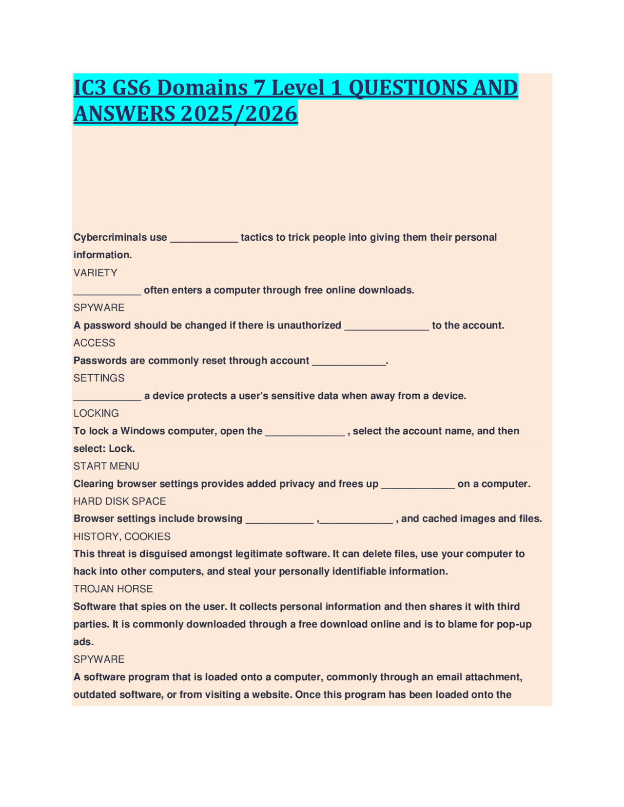 IC3 GS6 Domains 7 Level 1 QUESTIONS AND ANSWERS 2025/2026 | Exams Computer Networks | Docsity