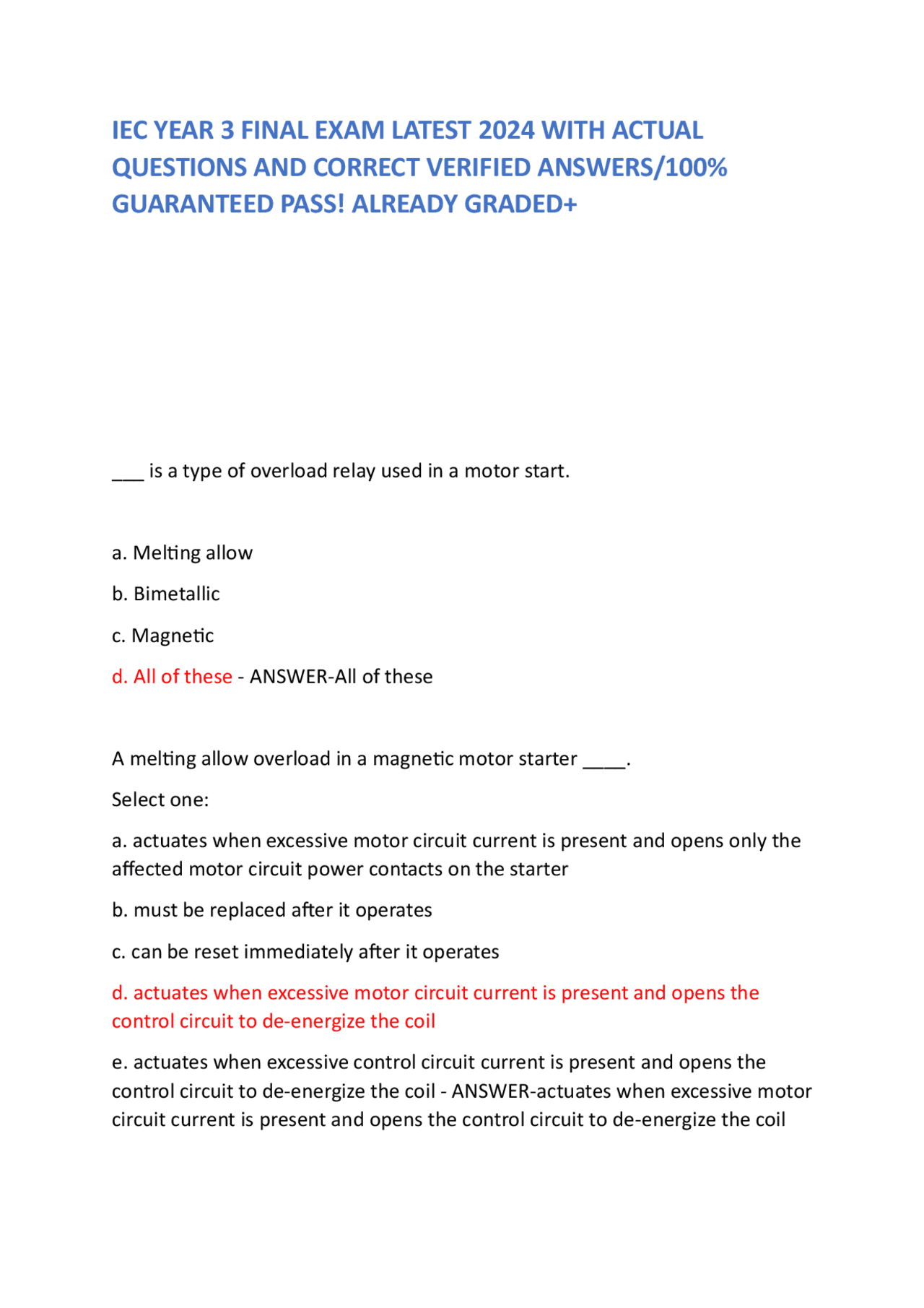 IEC YEAR 3 FINAL EXAM LATEST 2024 WITH ACTUAL QUESTIONS AND CORRECT ...