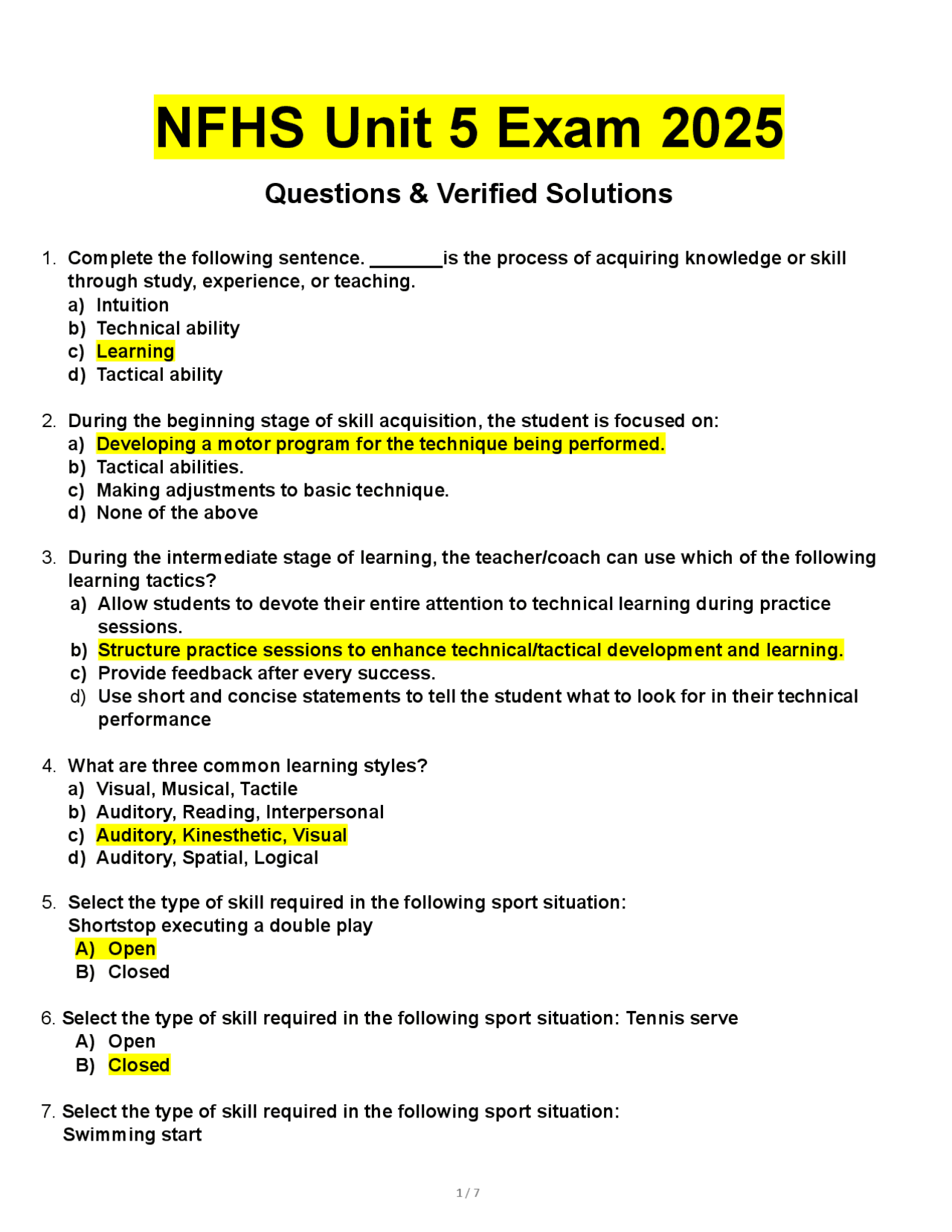 NFHS Unit 5 Exam /Latest for Spring 2025 /Questions and Answers | Exams ...