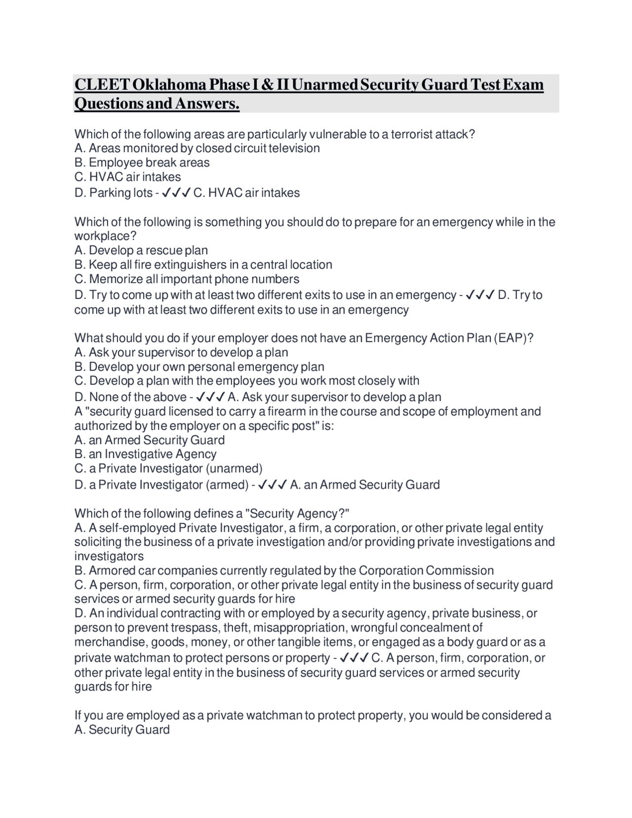 CLEET Oklahoma Phase I & II Unarmed Security Guard Test Exam Questions ...
