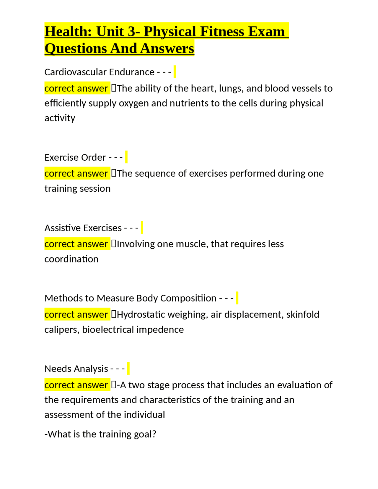 Health: Unit 3- Physical Fitness Exam Questions And Answers | Exams ...