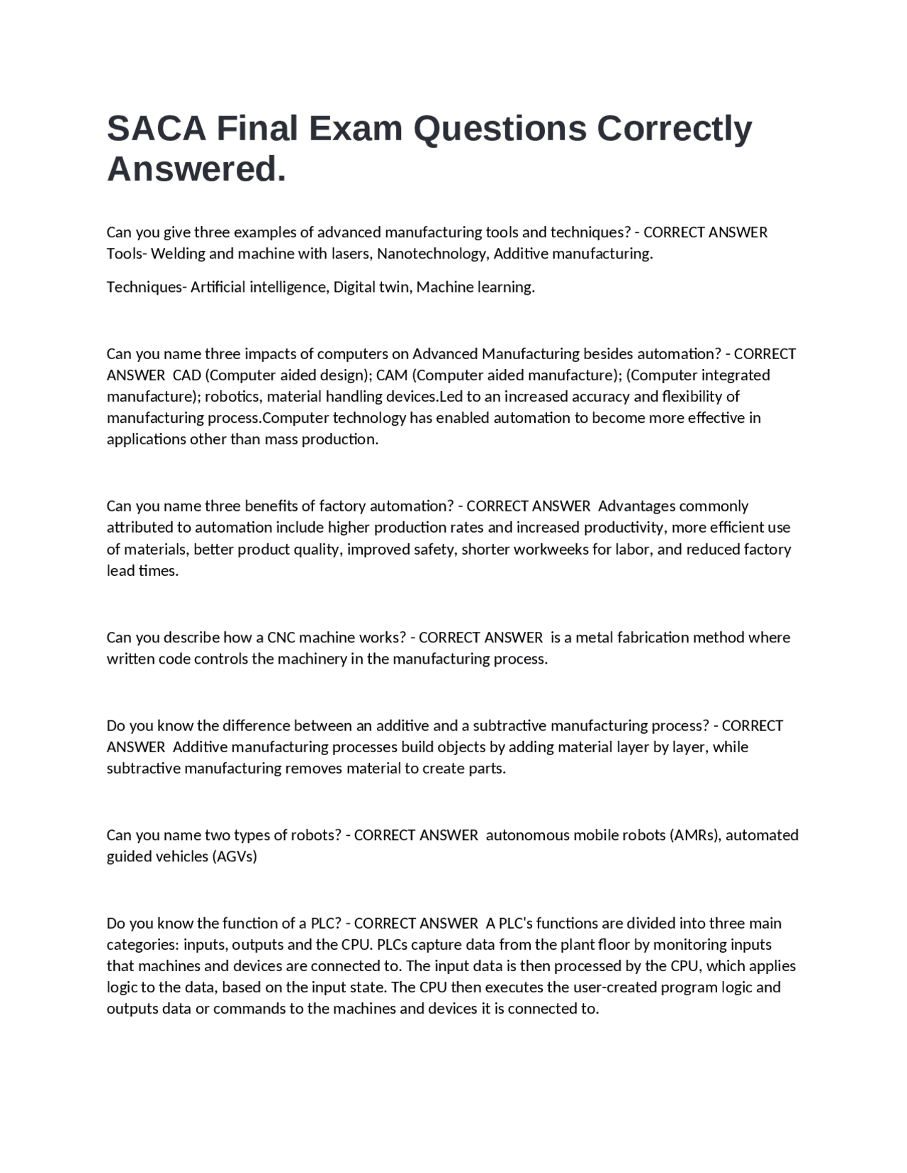 SACA Final Exam Questions Correctly Answered | Exams Nursing | Docsity