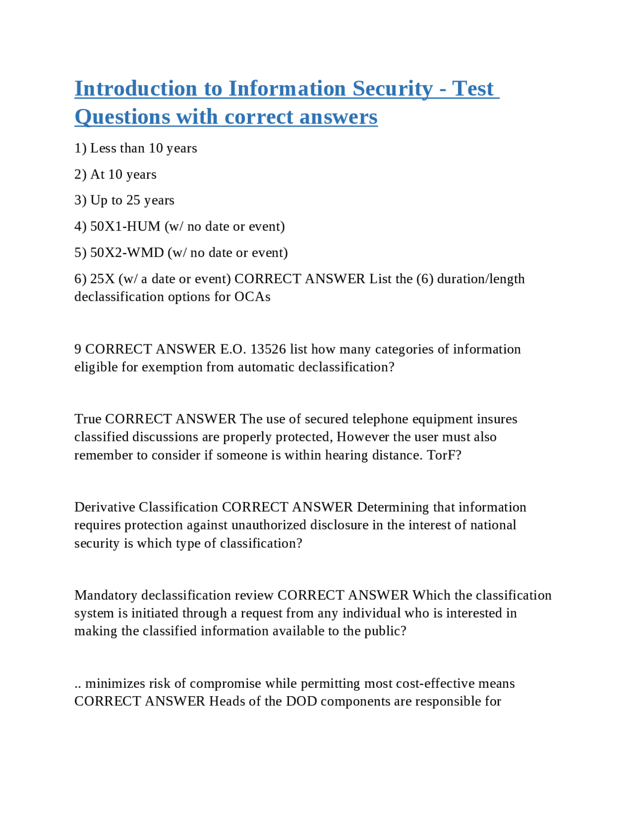 Introduction to Information Security - Test Questions with correct ...