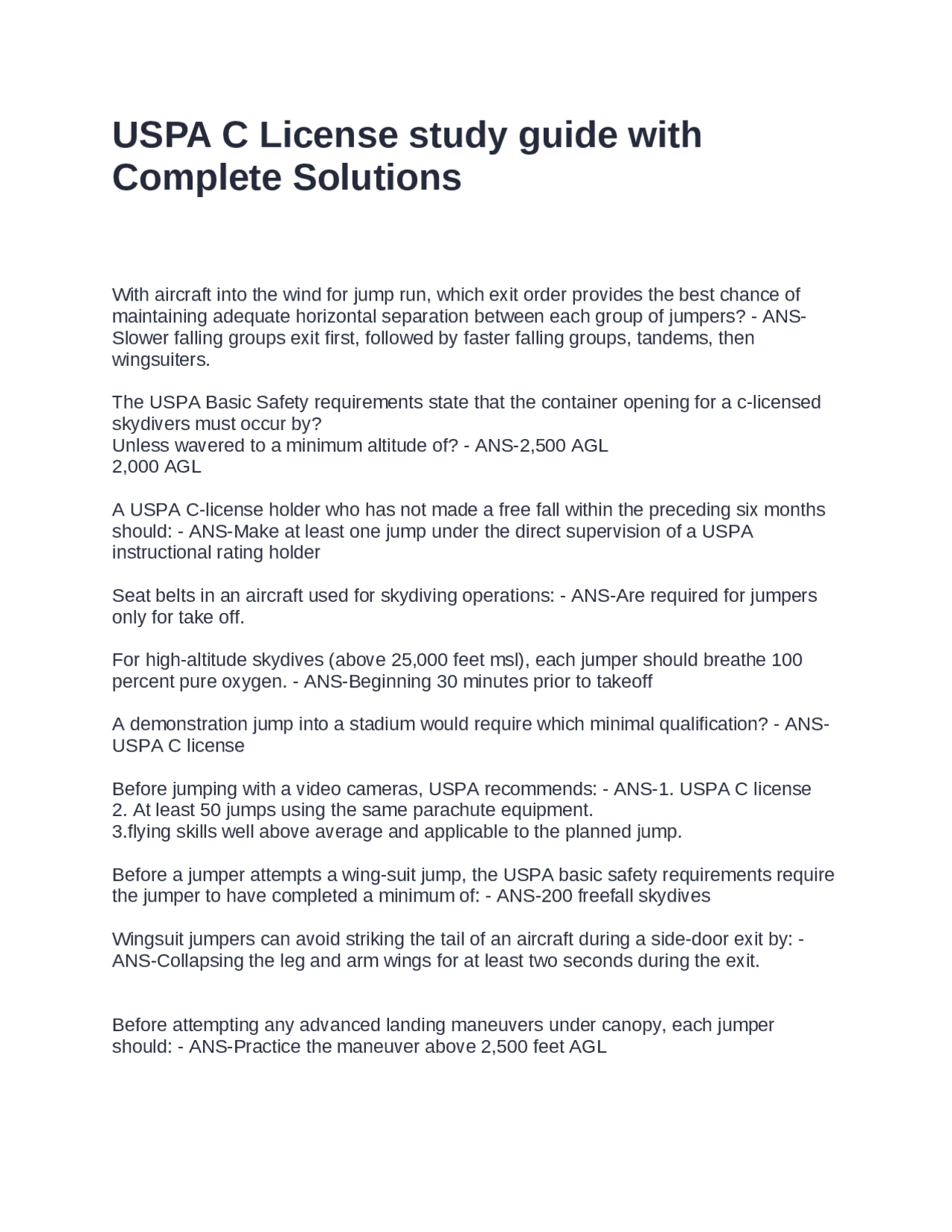 USPA C License study guide with Complete Solutions | Exams Advanced ...