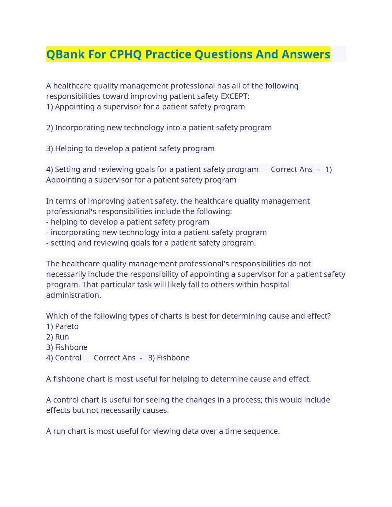 CPHQ Practice Questions and Answers: Healthcare Quality Management ...