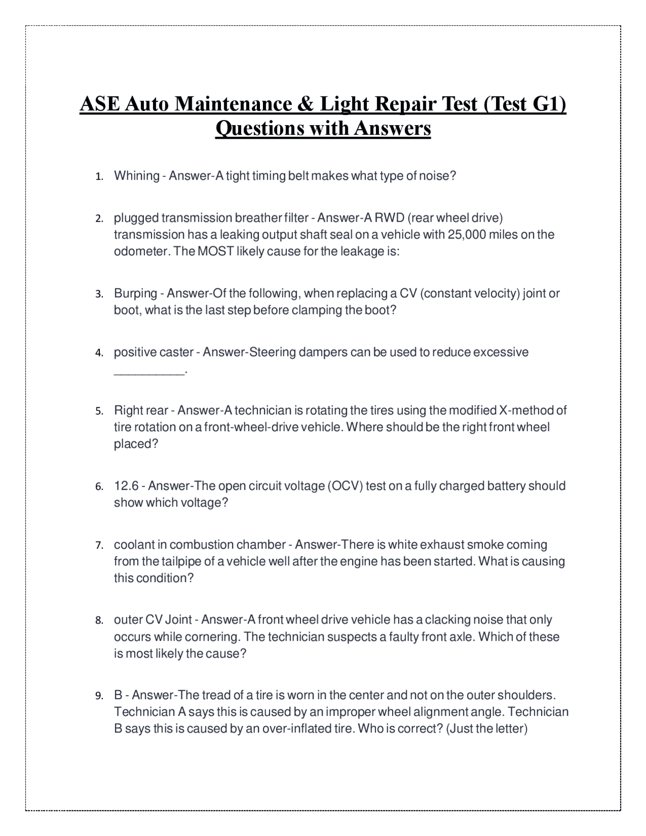 ASE Auto Maintenance & Light Repair Test (Test G1) Questions with ...