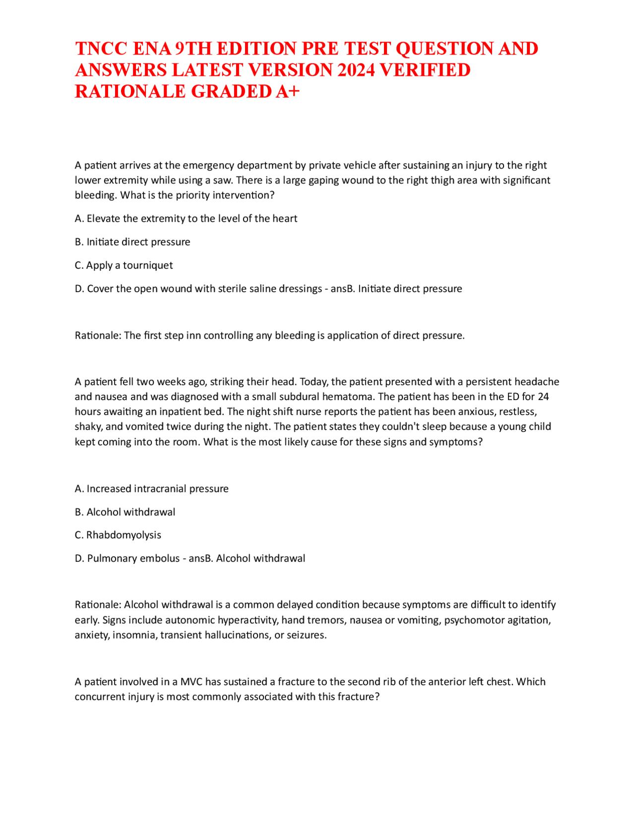 TNCC ENA 9TH EDITION PRE TEST QUESTION AND ANSWERS LATEST VERSION 2024 ...