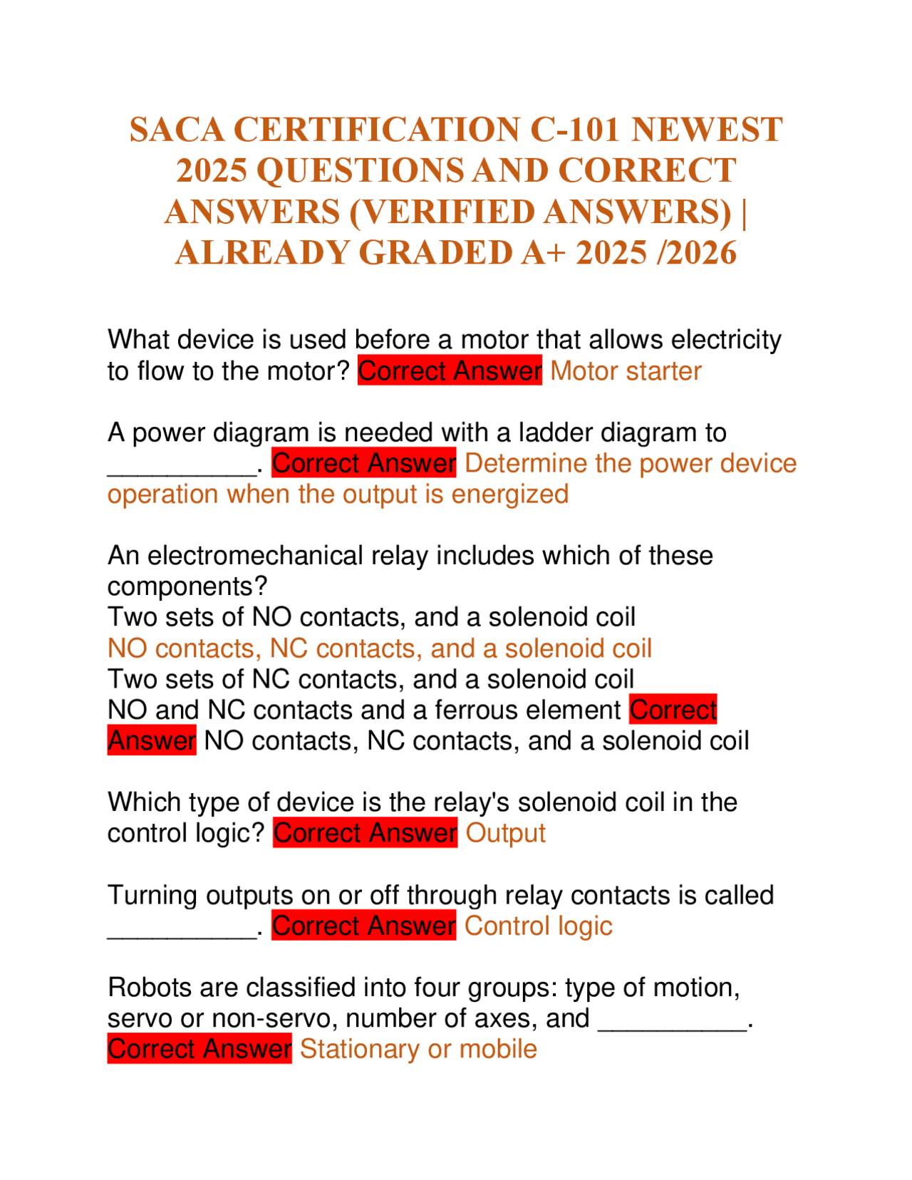 SACA CERTIFICATION C-101 NEWEST 2025 QUESTIONS AND CORRECT ANSWERS ...