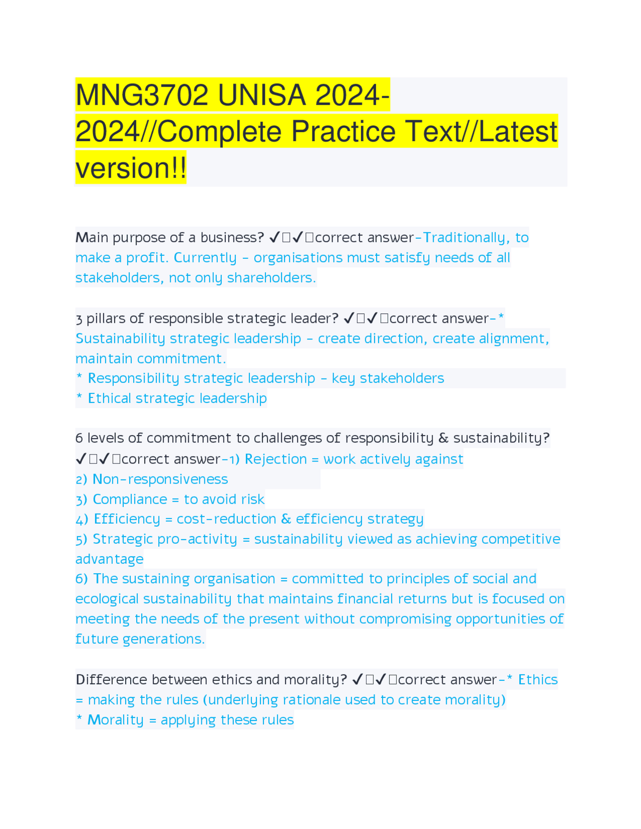 MNG3702 UNISA 2024: Responsible Strategic Leadership and Organisational ...