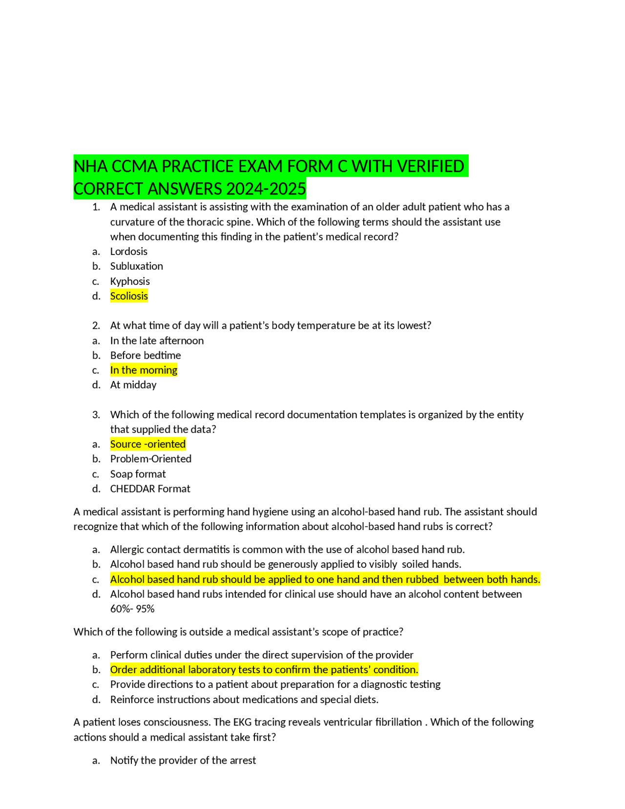 NHA CCMA Practice Exam Form C with Verified Correct Answers 2024-2025 ...
