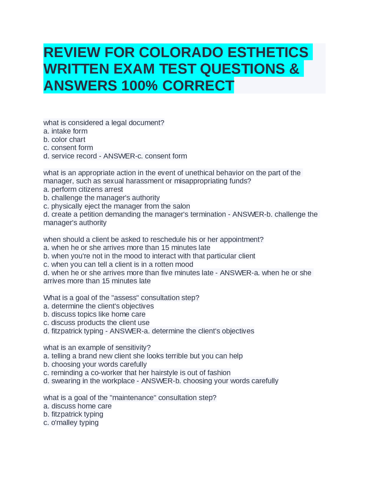 REVIEW FOR COLORADO ESTHETICS WRITTEN EXAM TEST QUESTIONS & ANSWERS 100 ...