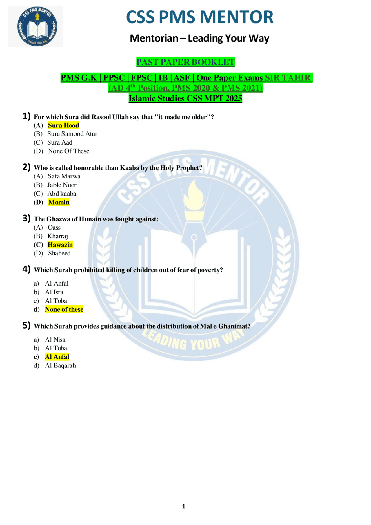 CSS PMS Mentor: Islamic Studies, Current Affairs, and English MCQs for ...