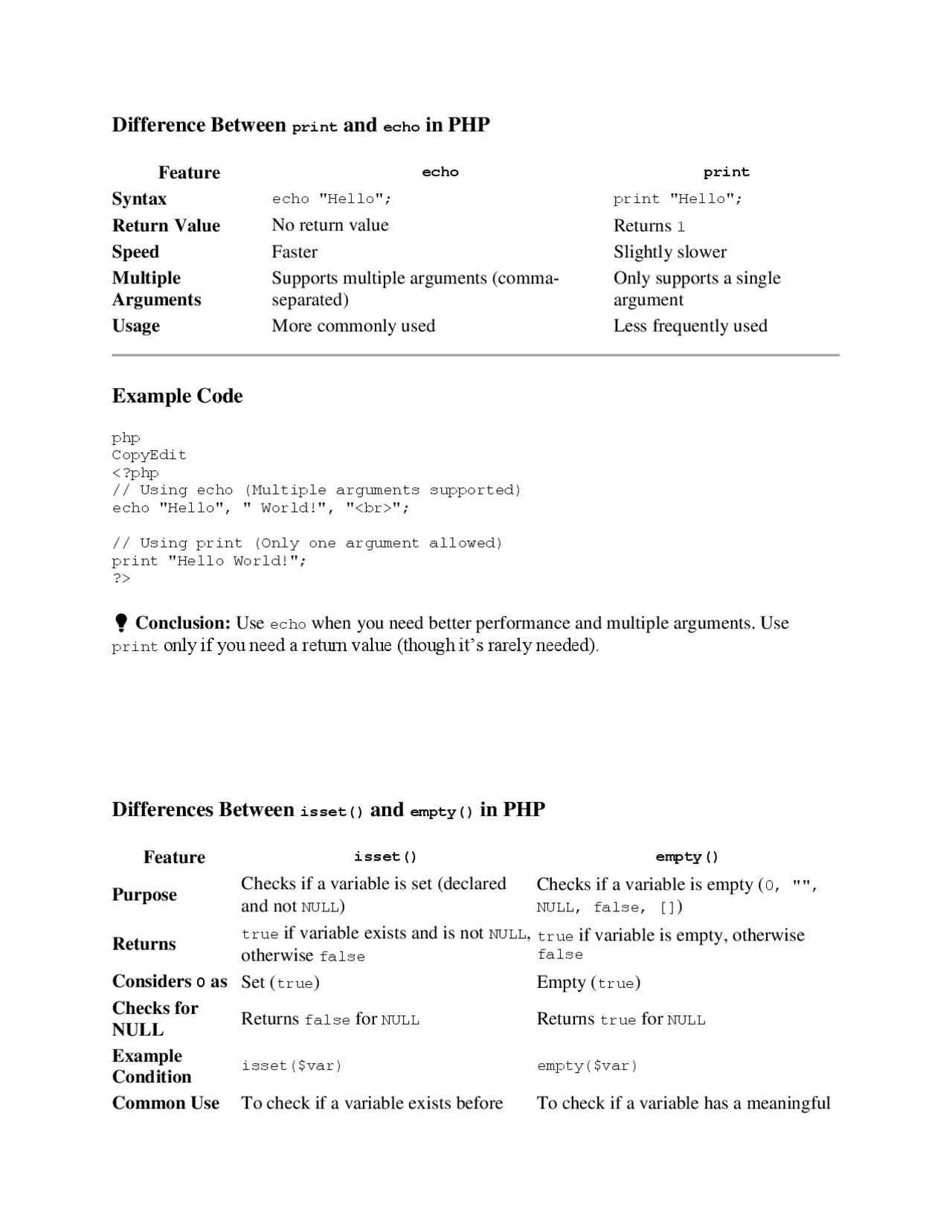 php , notes for basic | Cheat Sheet Computer science | Docsity