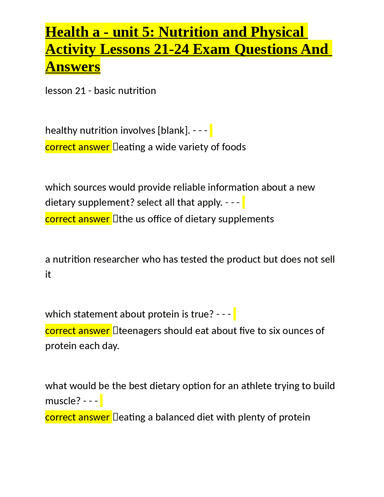 Health a - unit 5: Nutrition and Physical Activity Lessons 21-24 Exam ...