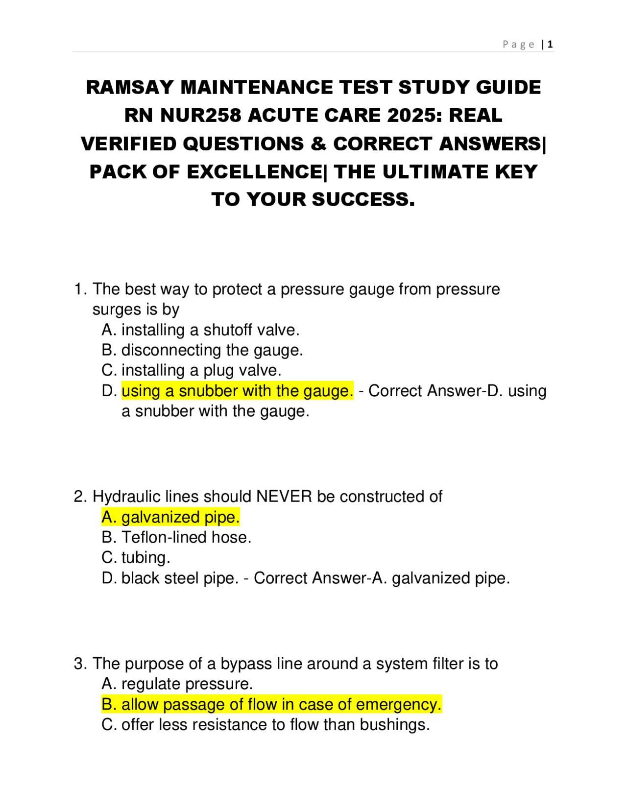 RAMSAY MAINTENANCE TEST STUDY GUIDE RN NUR258 ACUTE CARE 2025. | Exams ...