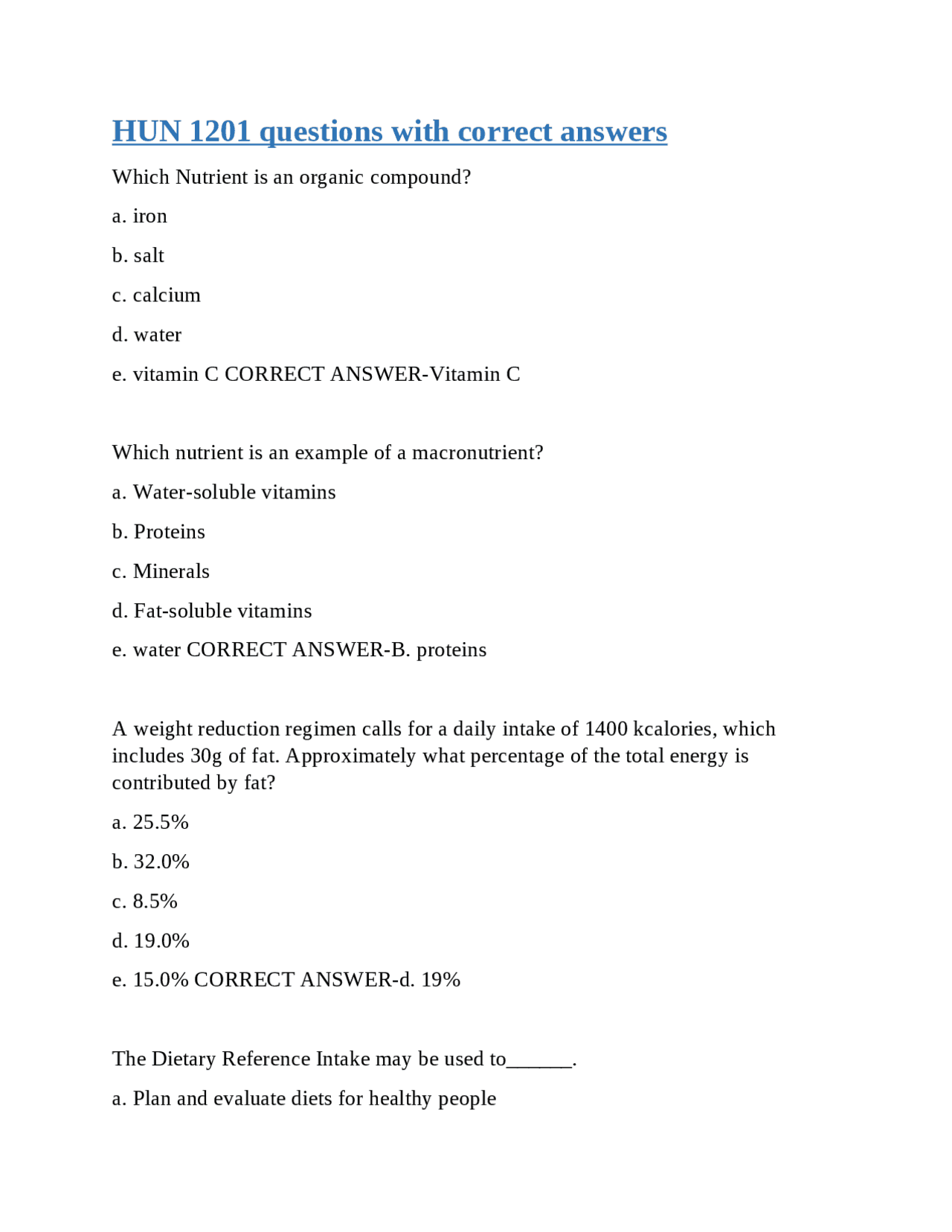 HUN 1201: Nutrition Fundamentals - Multiple Choice Questions and ...