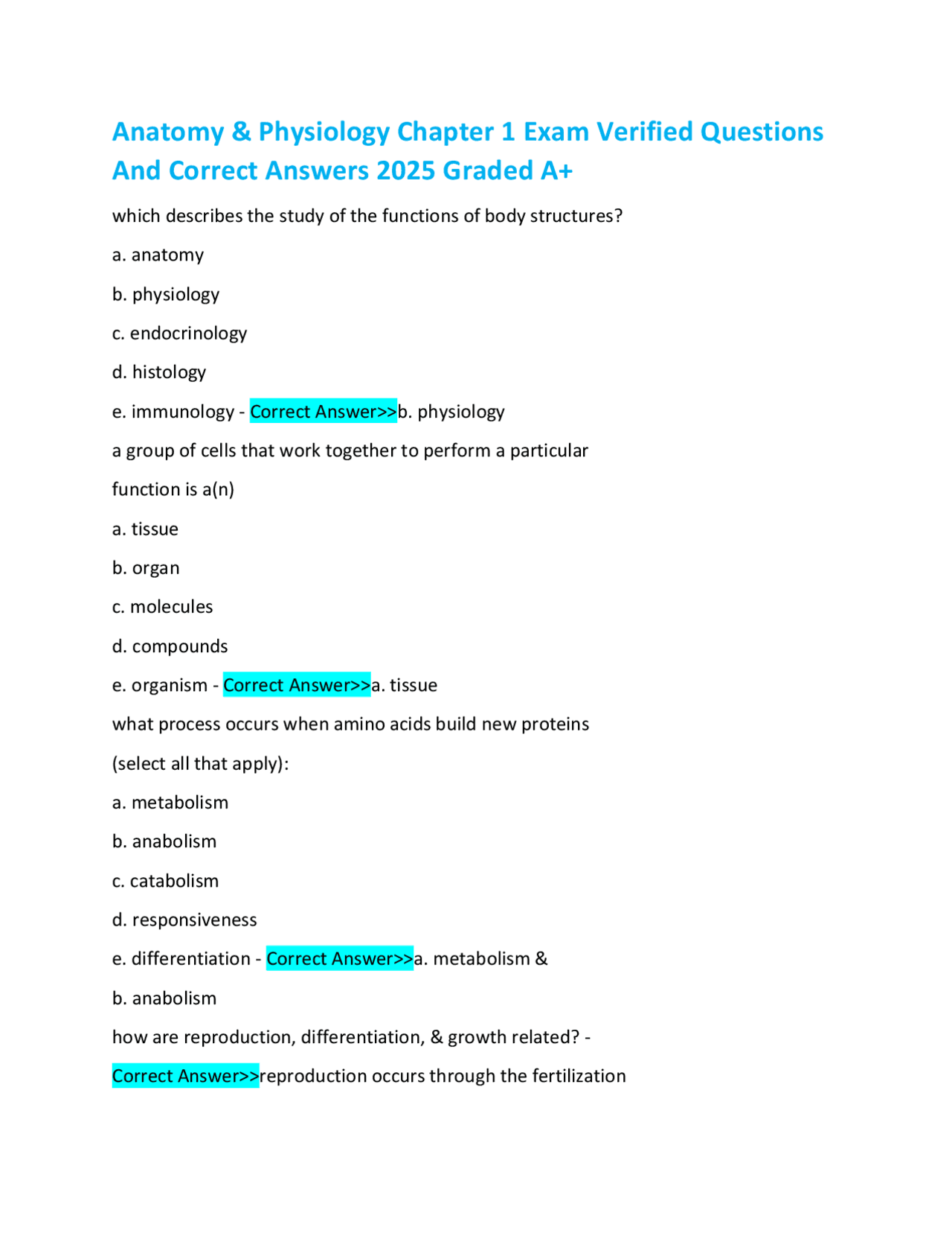Anatomy & Physiology Chapter 1 Exam Verified Questions And Correct ...