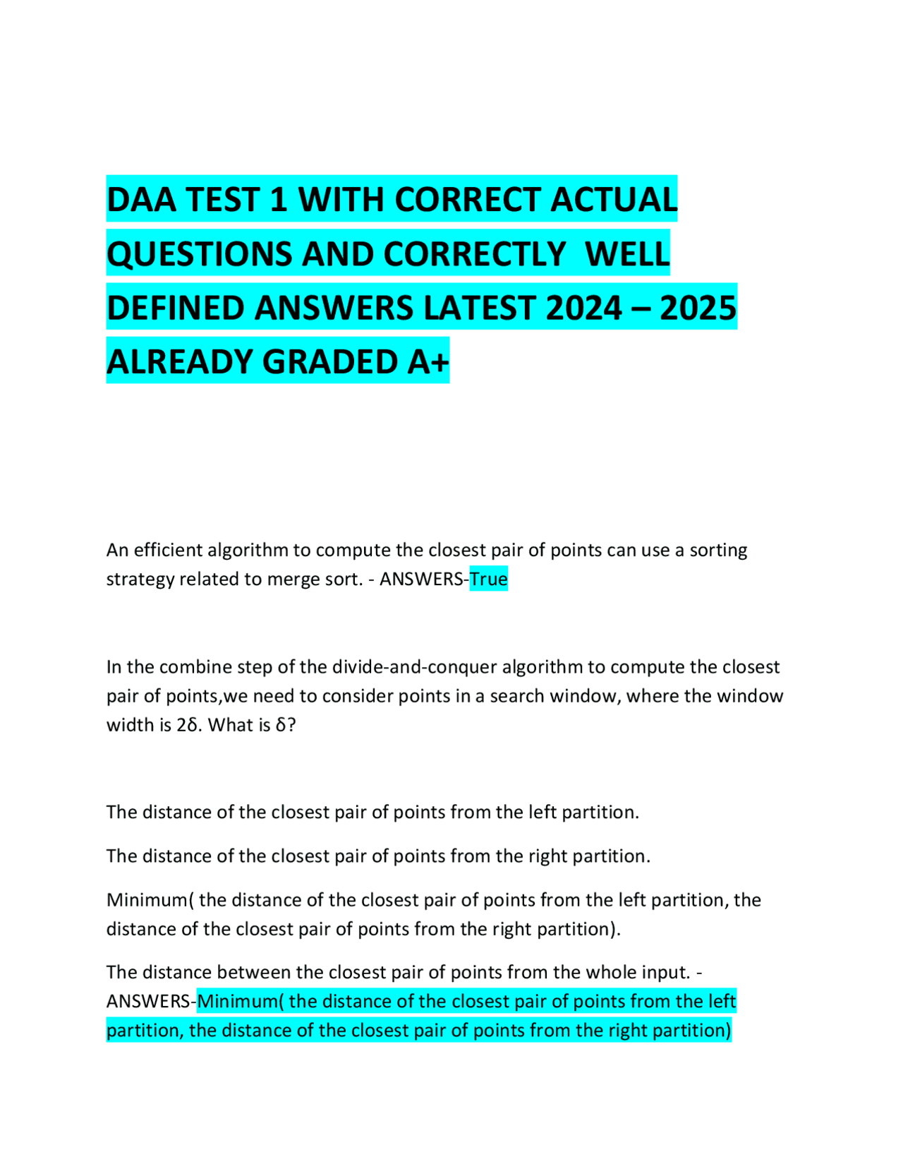 DAA TEST 1 WITH CORRECT ACTUAL QUESTIONS AND ANSWERS 2025 | Exams ...