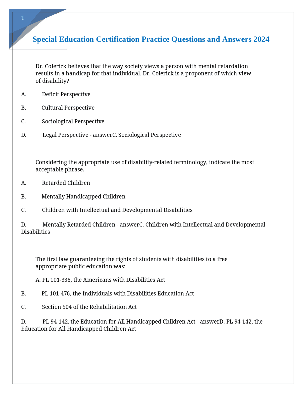 Special Education Certification Practice Questions and Answers 2024 ...