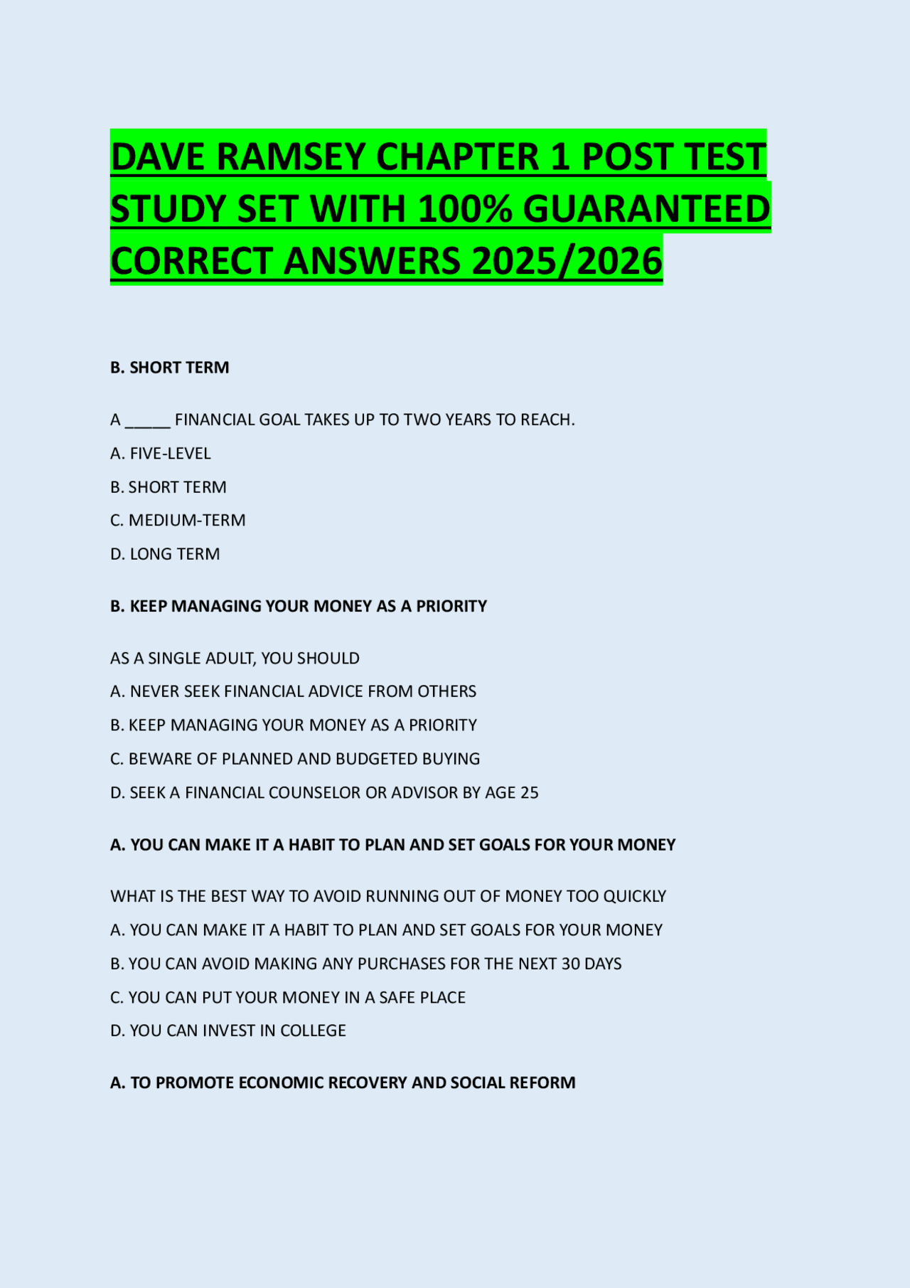 DAVE RAMSEY CHAPTER 1 POST TEST STUDY SET WITH 100% GUARANTEED CORRECT ...