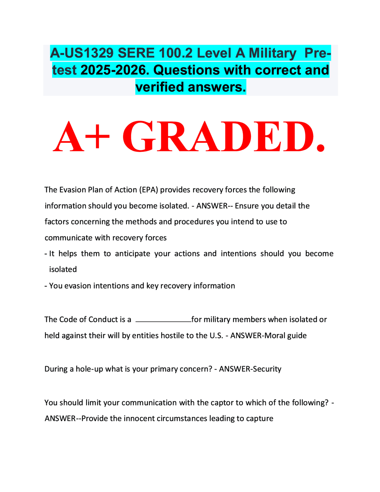 A-US1329 SERE 100.2 Level A Military Pre test 2025-2026. Questions with ...