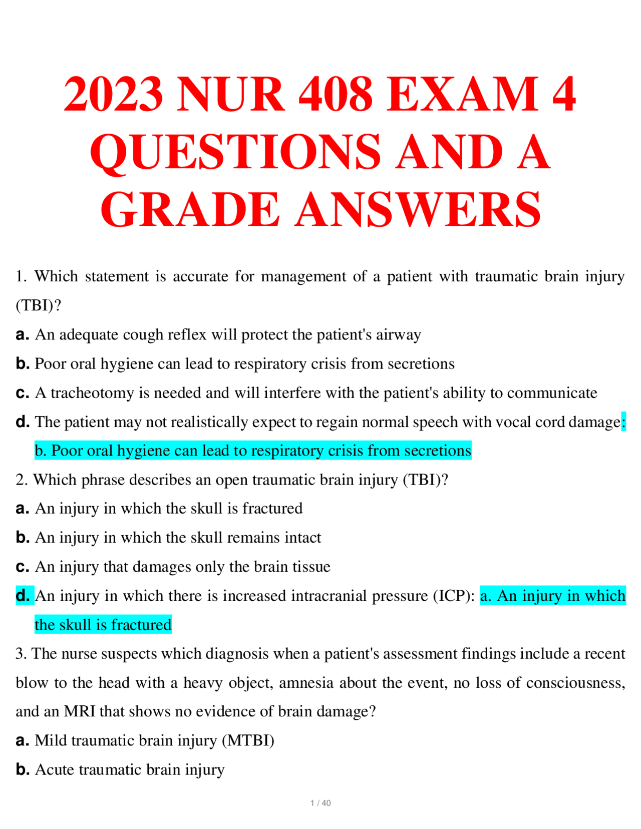 2023 NUR 408 EXAM 4 QUESTIONS AND A GRADE ANSWERS | Exams Nursing | Docsity