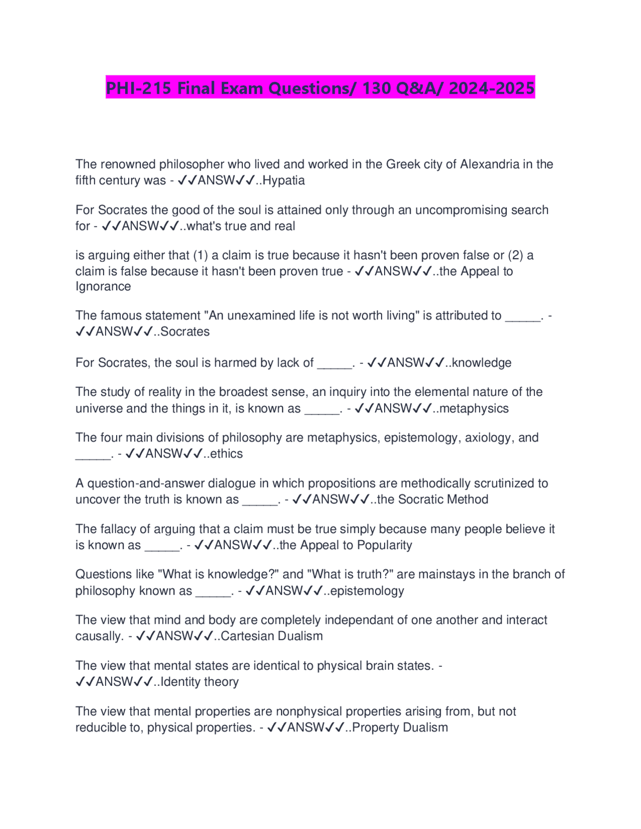 PHI-215 Final Exam Questions/ 130 Q&A/ 2024-2025 | Exams Nursing | Docsity