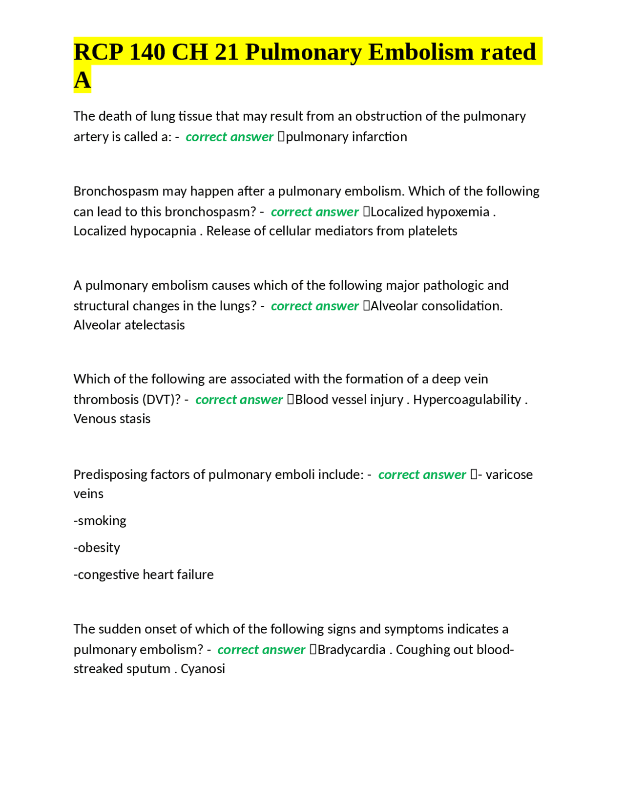 Pulmonary Embolism Multiple Choice Questions And Answers Exams Nursing Docsity