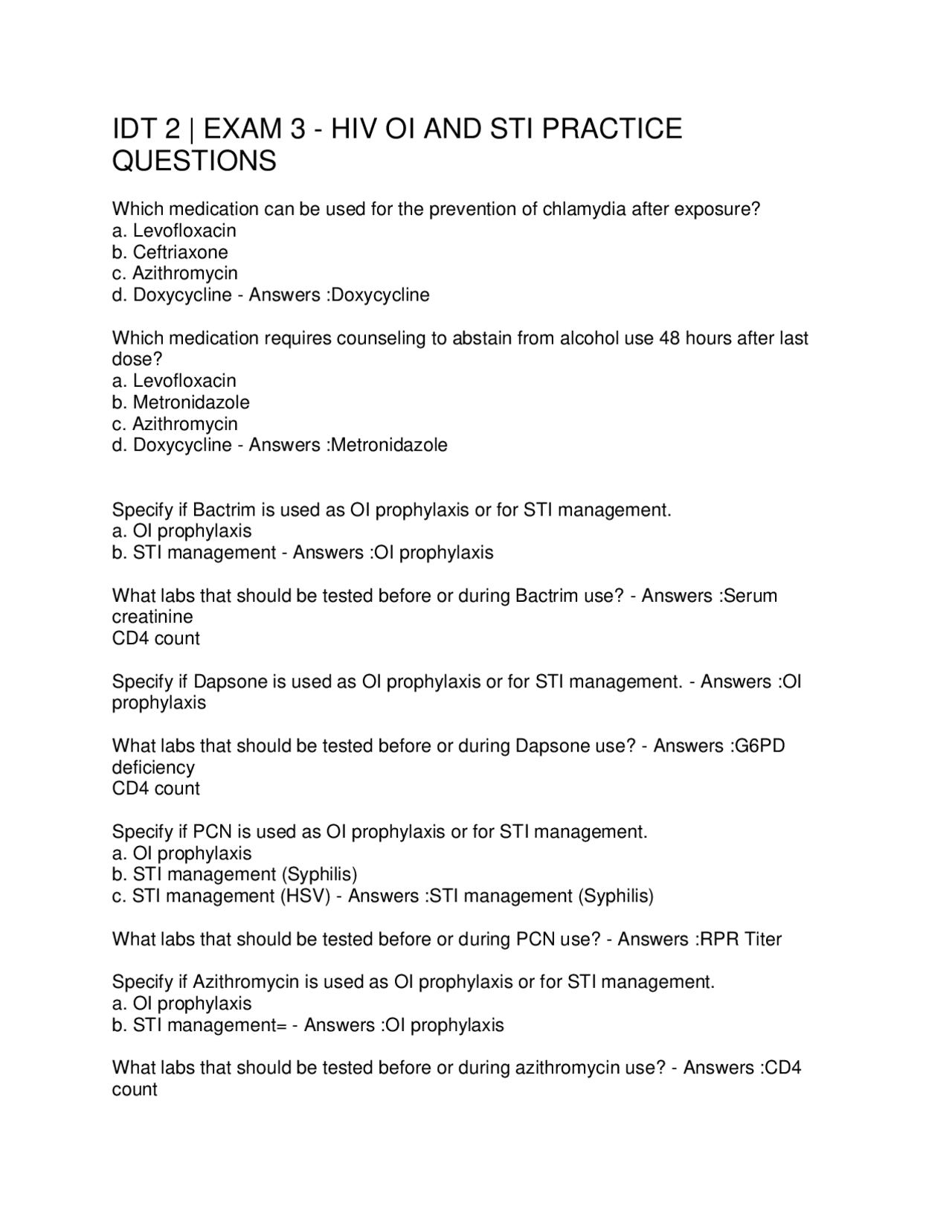 IDT 2 EXAM 3 - HIV OI AND STI PRACTICE QUESTIONS | Exams Social ...