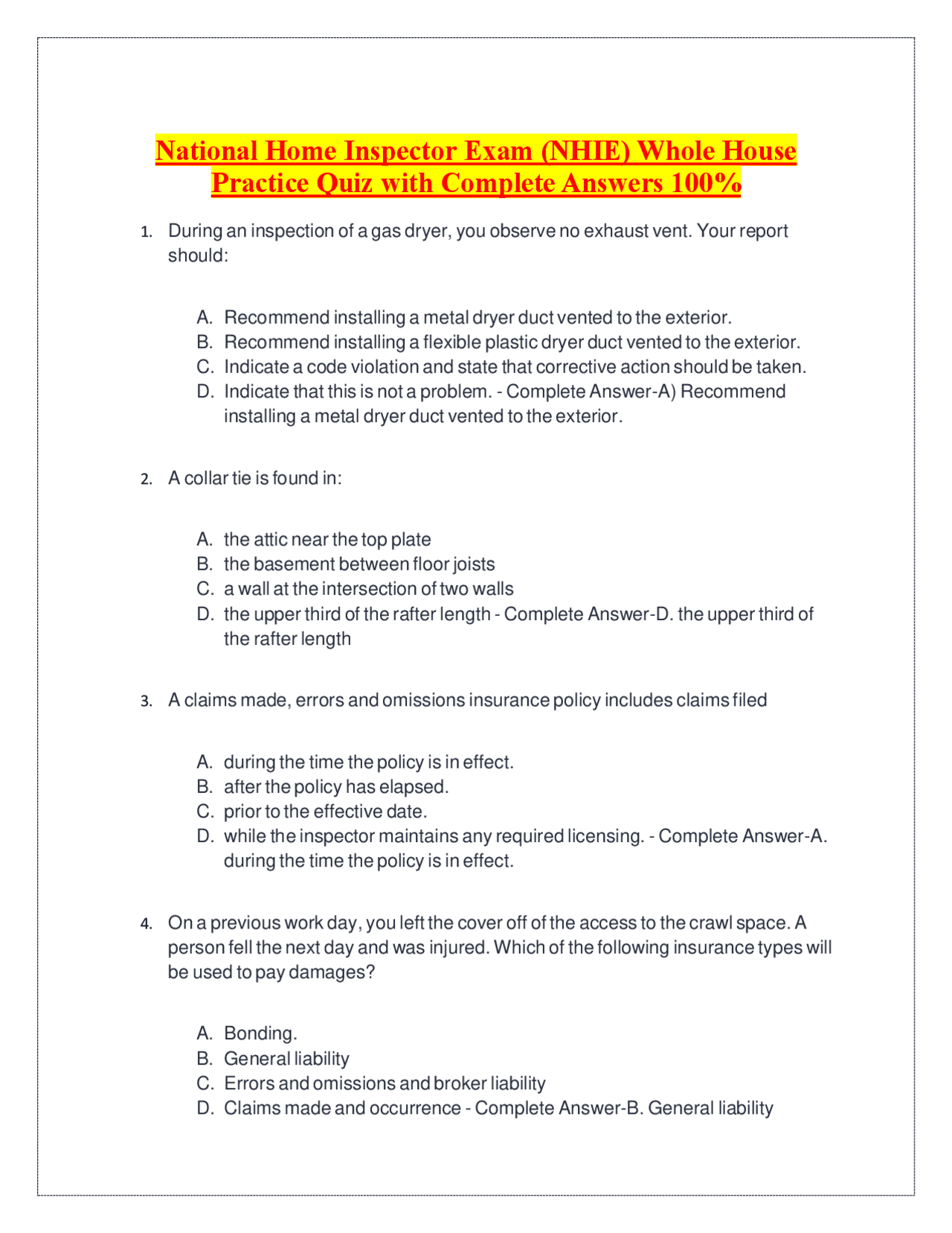 National Home Inspector Exam (NHIE) Whole House Practice Quiz with ...