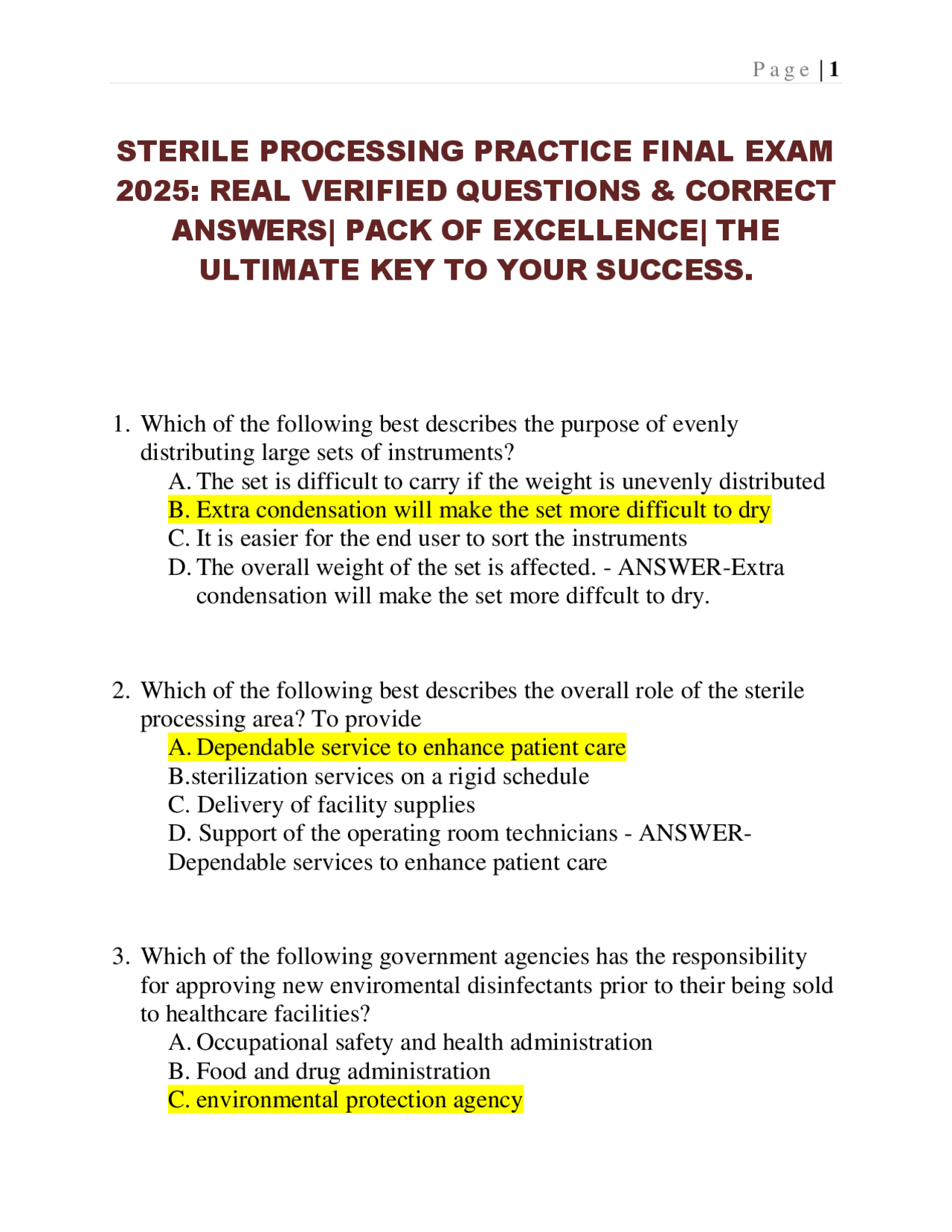 Sterile Processing Practice Final Exam: 2025 Real Verified Questions ...