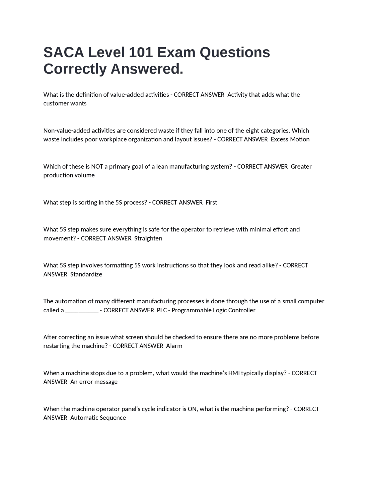 SACA Level 101 Exam Questions Correctly Answered | Exams Nursing | Docsity