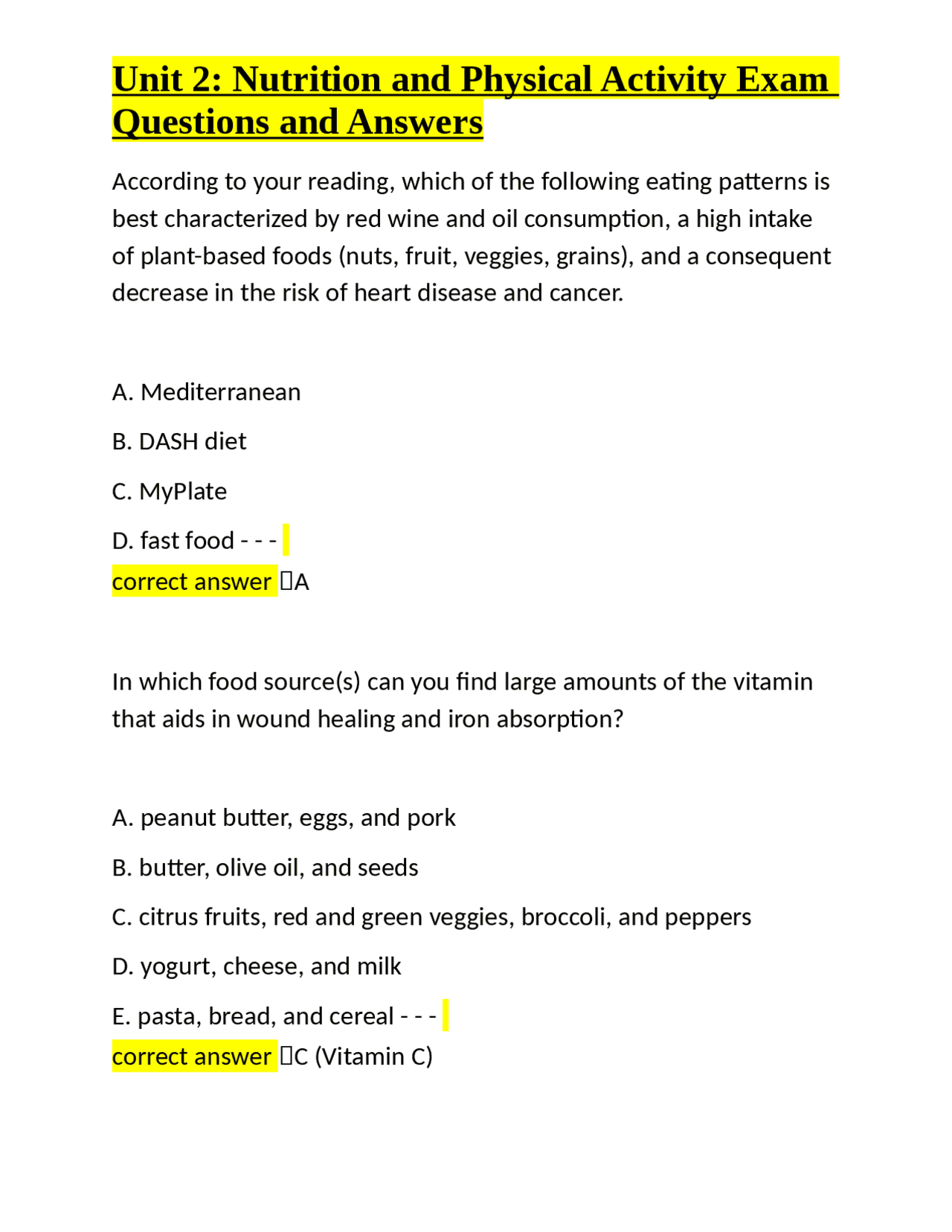 Unit 2: Nutrition and Physical Activity Exam Questions and Answers ...