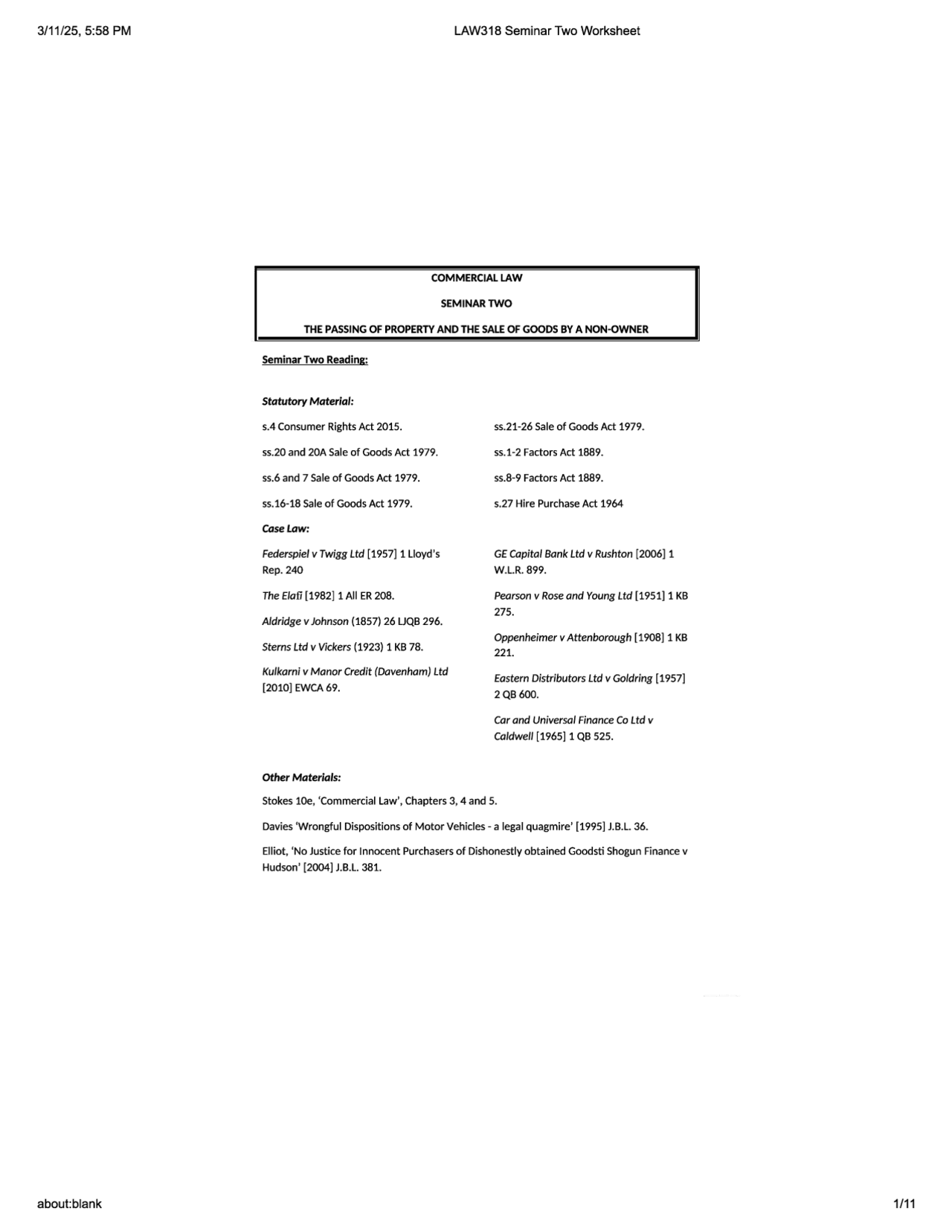 LAW318 Seminar Two Worksheet-Commercial Law | Study notes Commercial ...