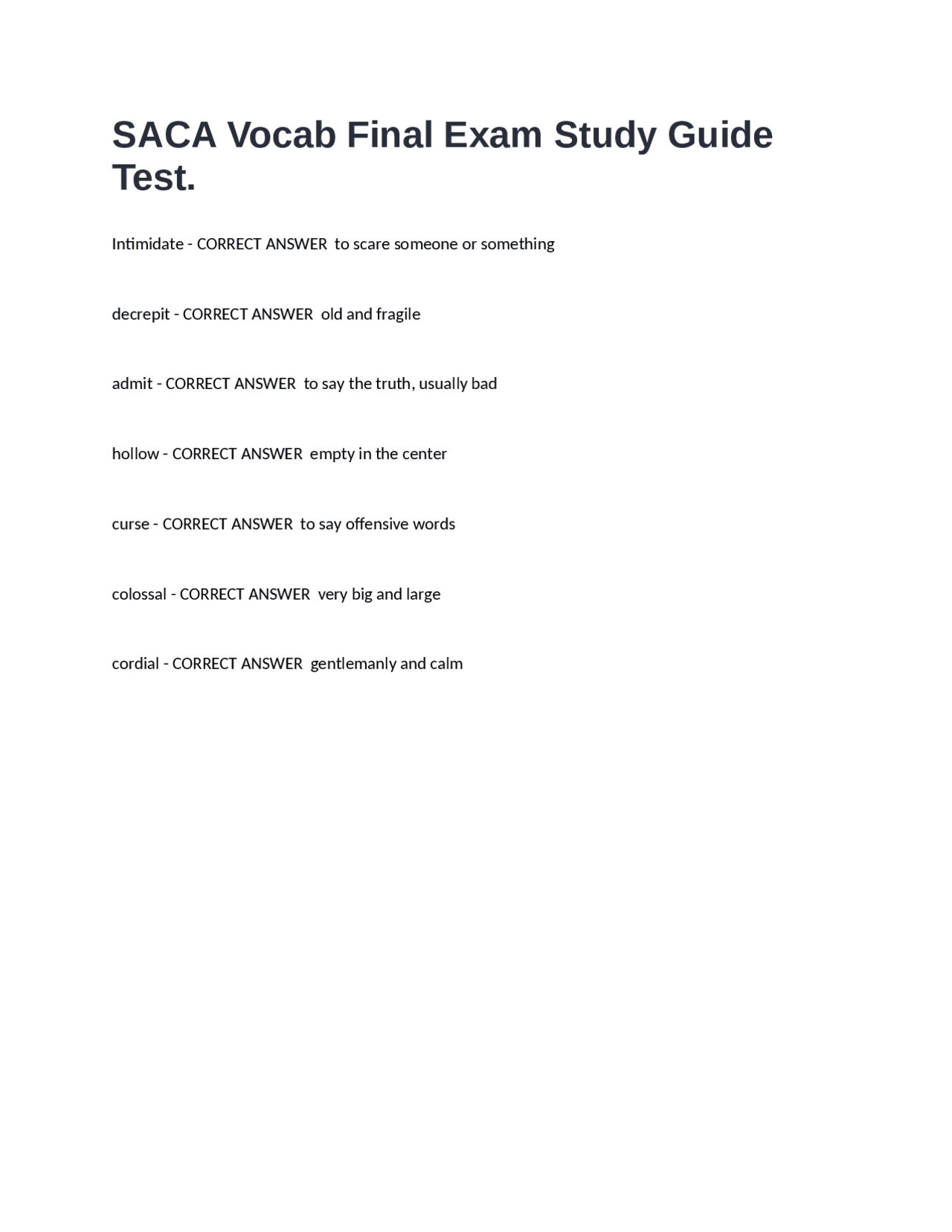 SACA Vocabulary Study Test. | Exams Nursing | Docsity