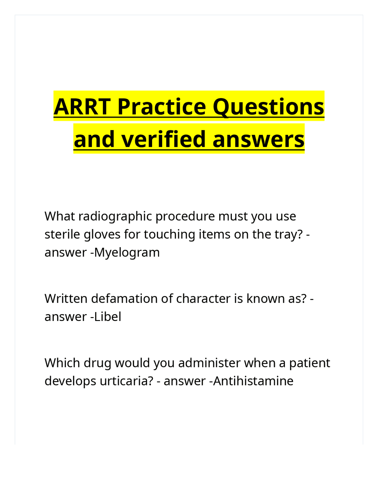 ARRT Practice Questions and verified answers.docx | Exams Nursing | Docsity