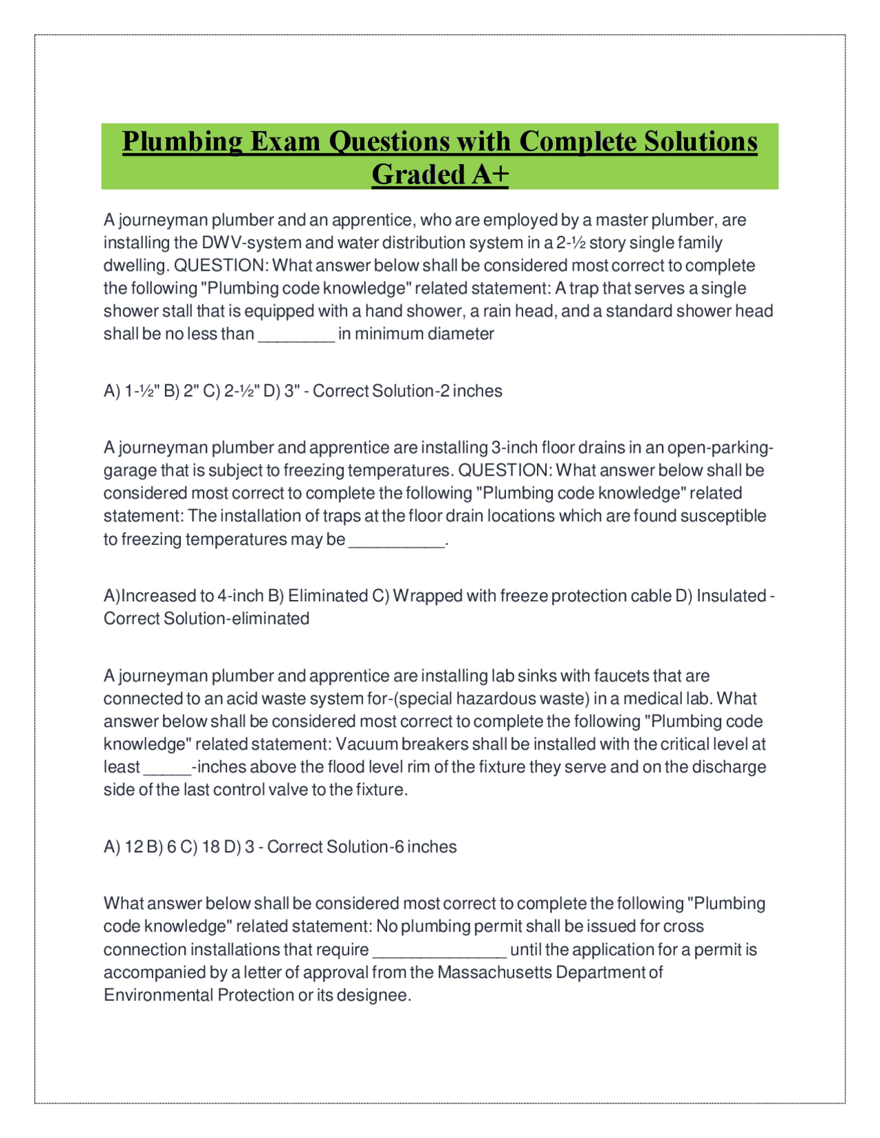 Plumbing Exam Questions with Complete Solutions Graded A+ | Exams ...