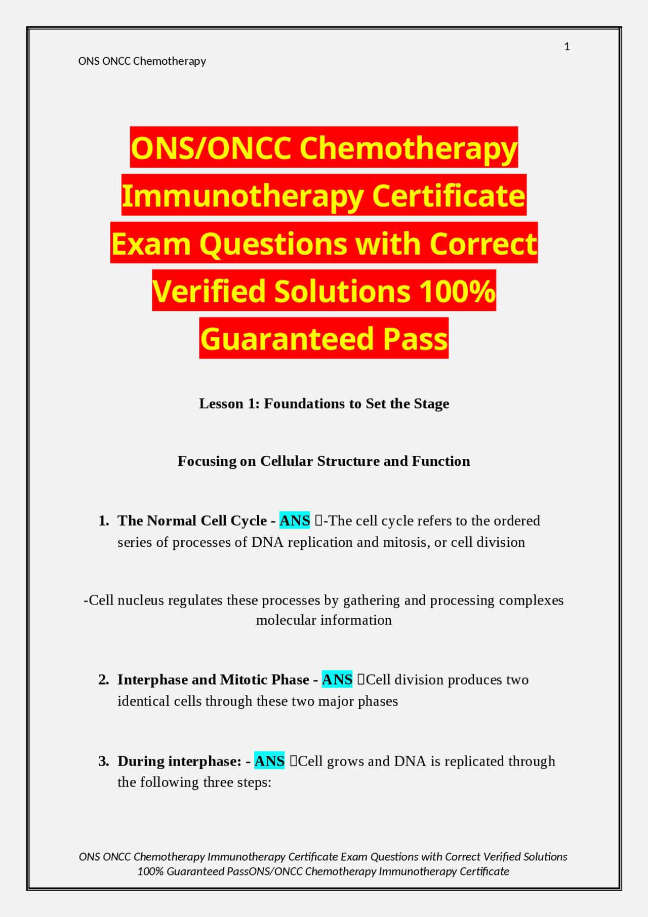 ONS ONCC Chemotherapy Immunotherapy Certificate Exam Questions and ...