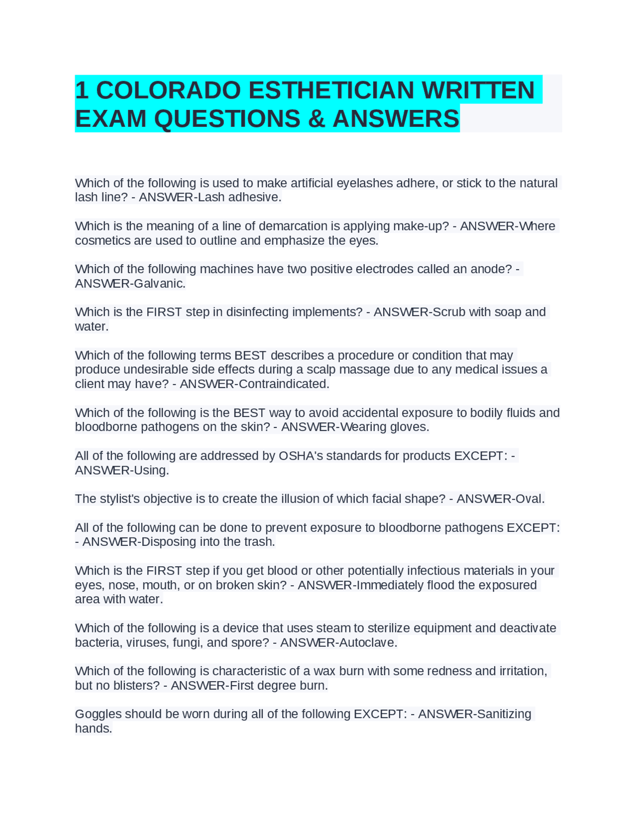 1 COLORADO ESTHETICIAN WRITTEN EXAM QUESTIONS & ANSWERS | Exams ...