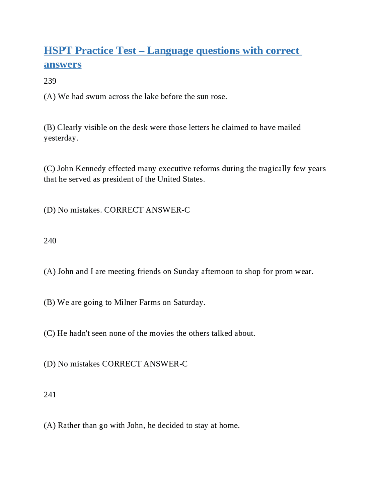 HSPT Practice Test – Language questions with correct answers | Exams ...