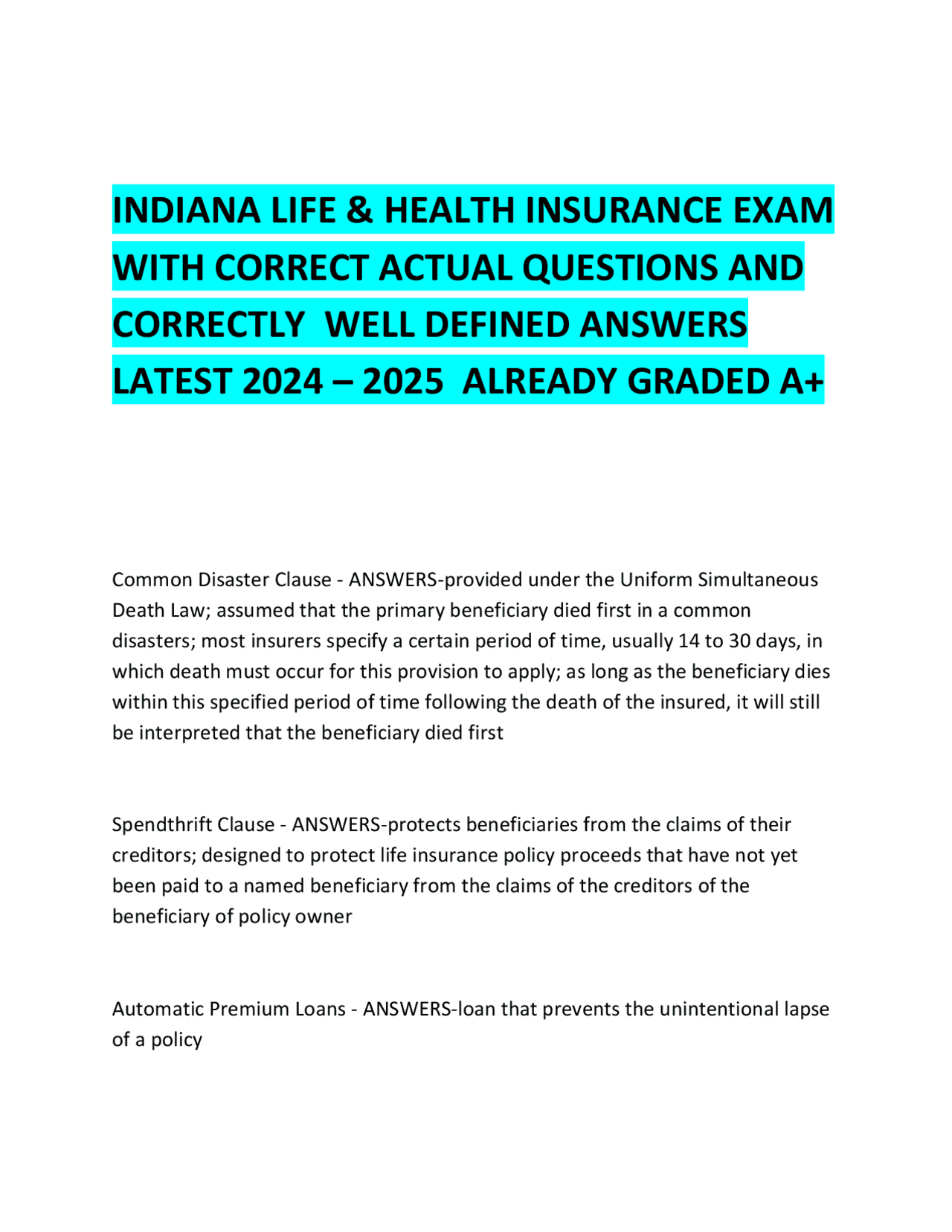 INDIANA LIFE & HEALTH INSURANCE EXAM WITH CORRECT ACTUAL QUESTIONS AND ...