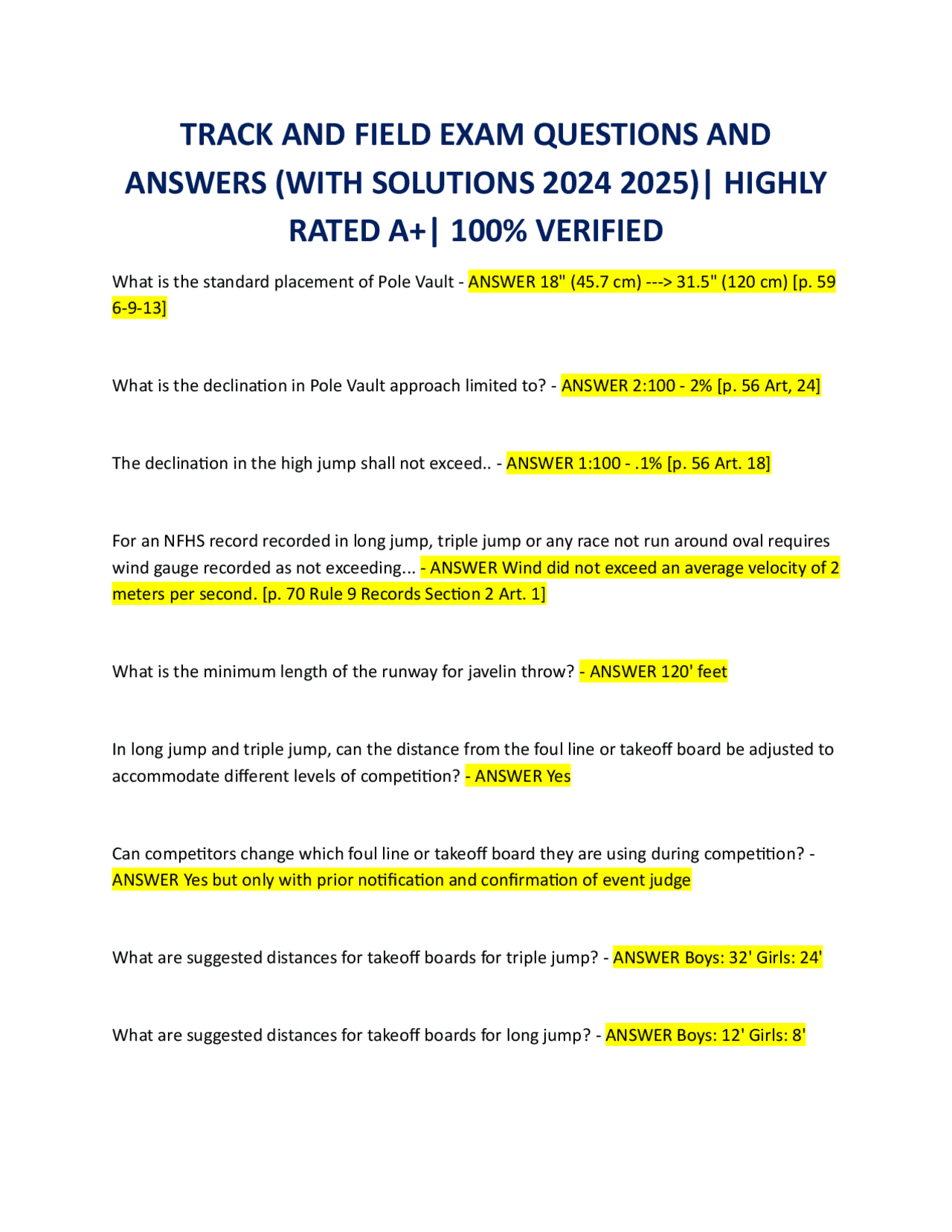 TRACK AND FIELD EXAM QUESTIONS AND ANSWERS (WITH SOLUTIONS 2024 2025 ...