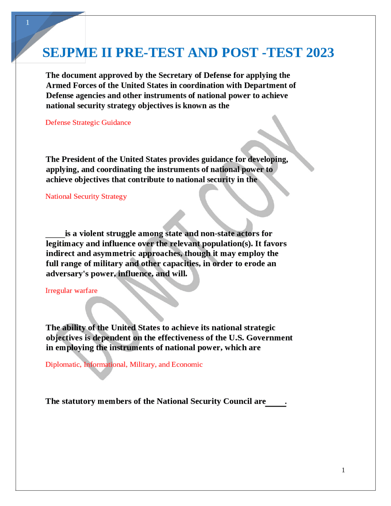 SEJPME II Pre-Test and Post-Test 2023: National Security and ...