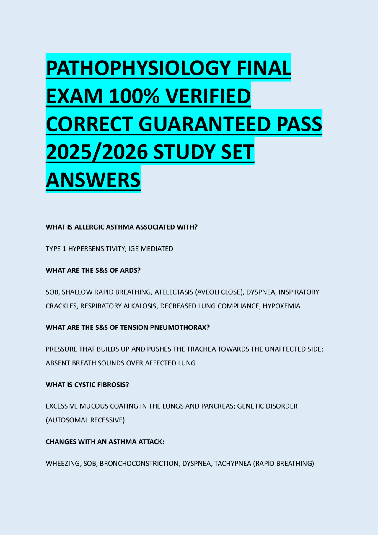 PATHOPHYSIOLOGY FINAL EXAM 100% VERIFIED CORRECT GUARANTEED PASS 2025/ ...