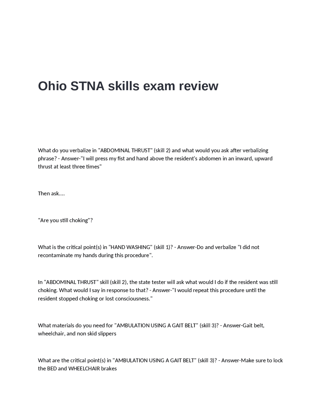 Ohio STNA Skills Exam Review Questions and Answers | Exams Nursing ...